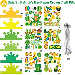 FANCY LAND Craft Kit, 24pcs St. Patrick’s Day Paper Crown & Stickers, Shamrock Party Favors, Kids DIY Irish Themed Hat, Adjustable & Durable