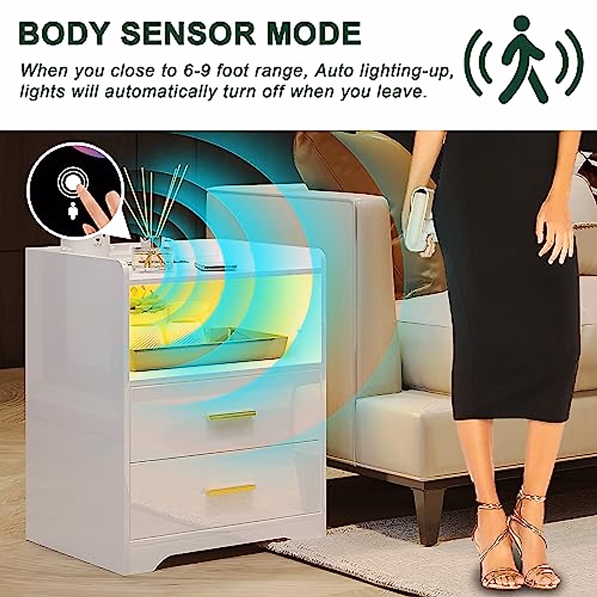 HNEBC Night Stand with Charging Station,LED Nightstand with Body Sensor Function, Smart Nightstand has RGB Lights Mode,Bedside Table with Drawers,Side Table for Bedroom/Living Room (White)