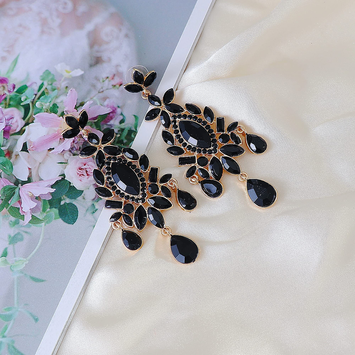 GONGZHU Crystal Statement Earrings for Women Bohemian Rhinestone Earrings Drop Chandelier Earrings Gold Black Tone(52941-GDBK)