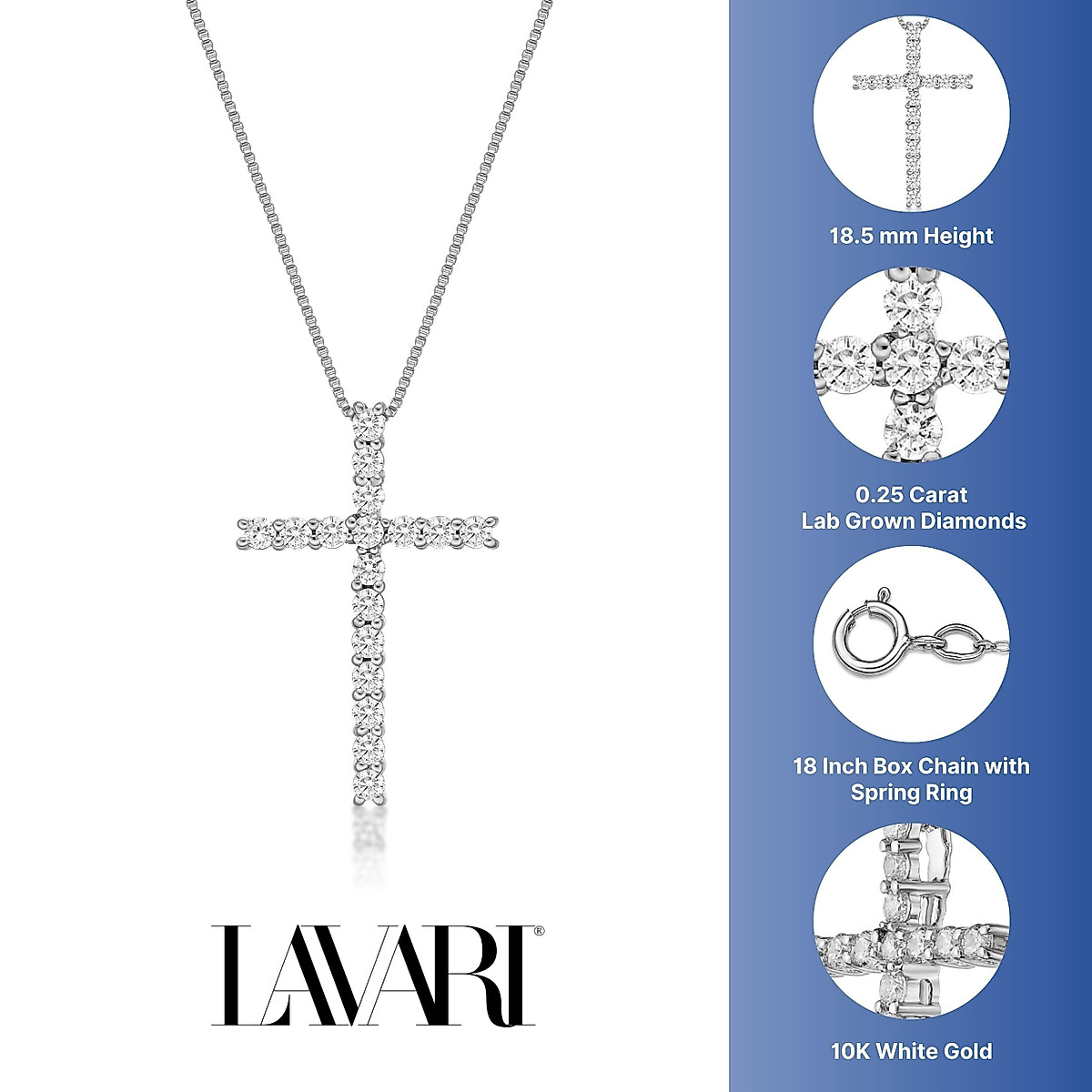 Lavari Jewelers 1/4 Carat Lab Grown Diamond Cross Pendant Necklace for Women - 10k White Gold Pendant - 18 Inch Long Chain Necklace (G-H, VS2-SI1, 0.25 cttw) Spring Ring