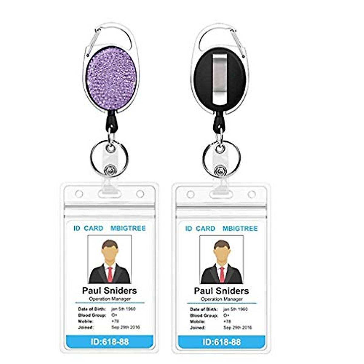 Retractable Badge Holders with Bling Rhinestones Crystal, Badge Reel with Belt Clip and Key Ring, 24 inches Thick Kevlar Pull Cord. (4pcs- Silver, Black, Pink and Purple)