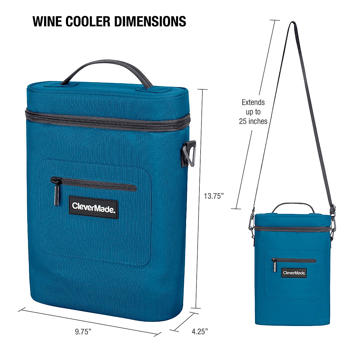 CleverMade Wine Bottle and 6 Pack Cooler Bag; Insulated Leakproof Tote with Removable Ice Pack and Corkscrew Bottle Opener, Teal