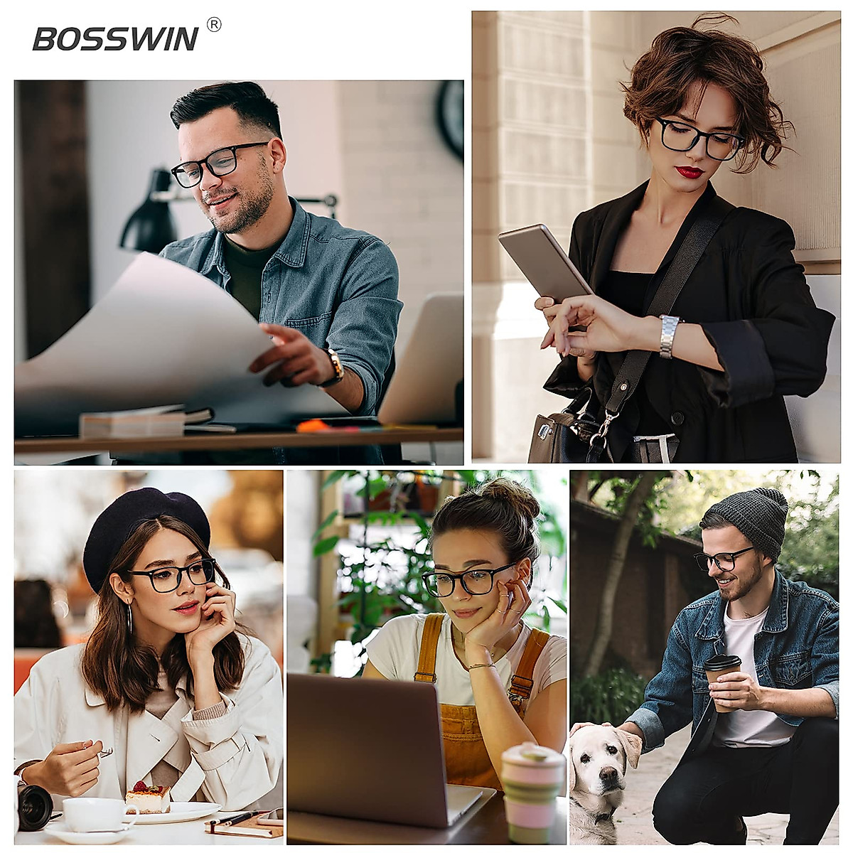 BOSSWIN - 5Pack Blue Light Blocking Glasses Square Nerd Eyeglasses Frame for Men and Women, Anti Eyestrain Reading Computer Gaming Glasses Non Prescription