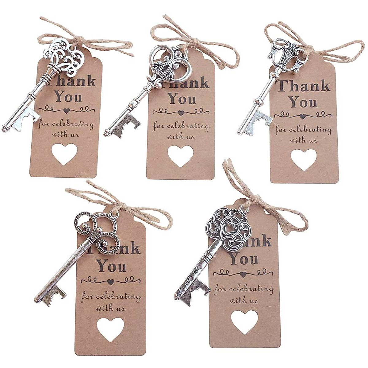 50 Pcs Silver Skeleton Key Beer Bottle Opener With 100 Pcs Thank You Card and 98 Feet Hemp Rope for Wedding Party Favors (50pcs Silver)