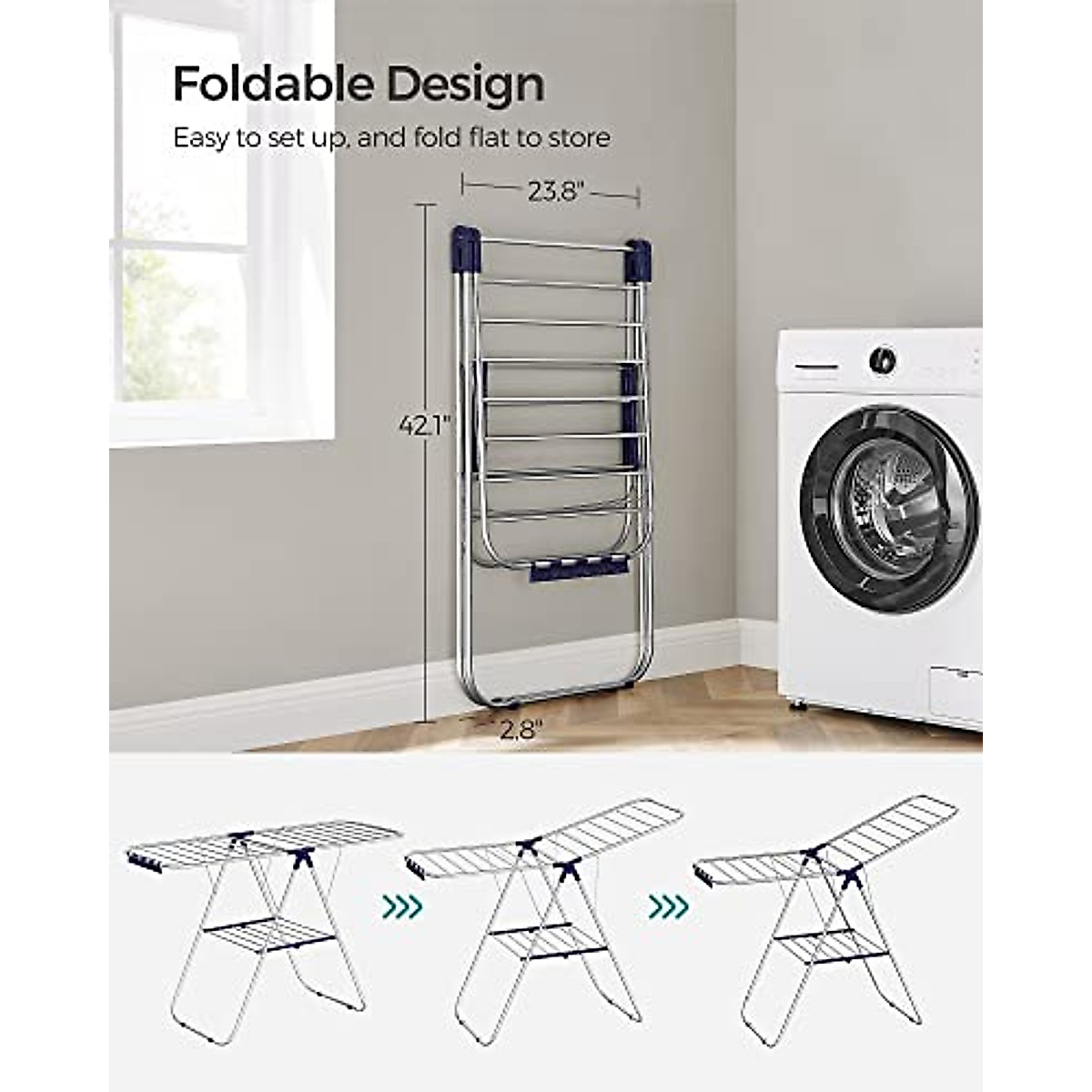 SONGMICS Clothes Drying Rack, with Bonus Sock Clips, Stainless Steel Gullwing Space-Saving Laundry Rack, Foldable for Easy Storage, Silver