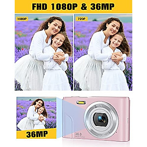 Digital Camera with 32GB SD Card, Lecran Kids Camera FHD 1080P 36.0 Mega Pixels Vlogging Camera with 16X Digital Zoom, LCD Screen, Compact Portable Mini Cameras for Kids, Teens, Students (Pink)