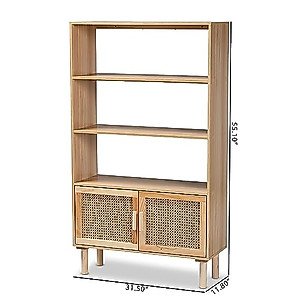 Baxton Studio Faulkner Mid-Century Modern Natural Brown Finished Wood and Rattan 2-Door Bookcase