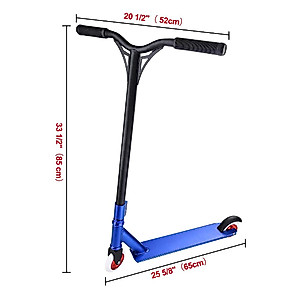 Blue Pro Aluminum Tricks Stunt Scooter for Adult Extra Wide Steel Handle Bar Max Capacity 220Lbs 4" 88A PU Solid Wheels 3-Bolt Safety Lock Rear Aluminum Brake US Delivery (Blue)