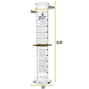 EISCO Graduated Cylinder, 2000mL - ASTM, Class A Tolerance ±6.00mL - Protective Collar, Hexagonal Base - Blue Graduations - Borosilicate 3.3 Glass