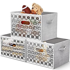 Iirios Storage Bins, Linen Collapsible Storage Box, Metal Stackable Storage Containers with Handles, Decorative Storage Baskets for Shelves, Clothing, Blanket, Comforters, Bed Sheets, 3 Pack (White)