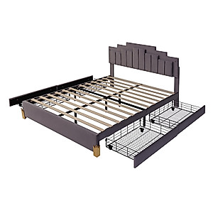 JIVOIT Queen Size Upholstered Platform Bed with 4 Drawers, Modern LED Light Platform Bed Frame, Stylish Irregular Metal Bed Legs Design, Upholstered Storage Bed for Kids Teens (Gray,Queen,Metal Legs)