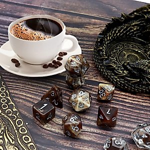 Haxtec Coffee DND Dice Set 8PCS Filled Resin Dice Set D&D Polyhedral Dice for RPG Dungeons and Dragons TTRPG Gift