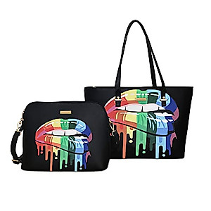 Satchel Bags for Women Fashion Handbag Leather Shoulder Bag Large Capacity Black Work Bag 2 PCS Set (Mouth)