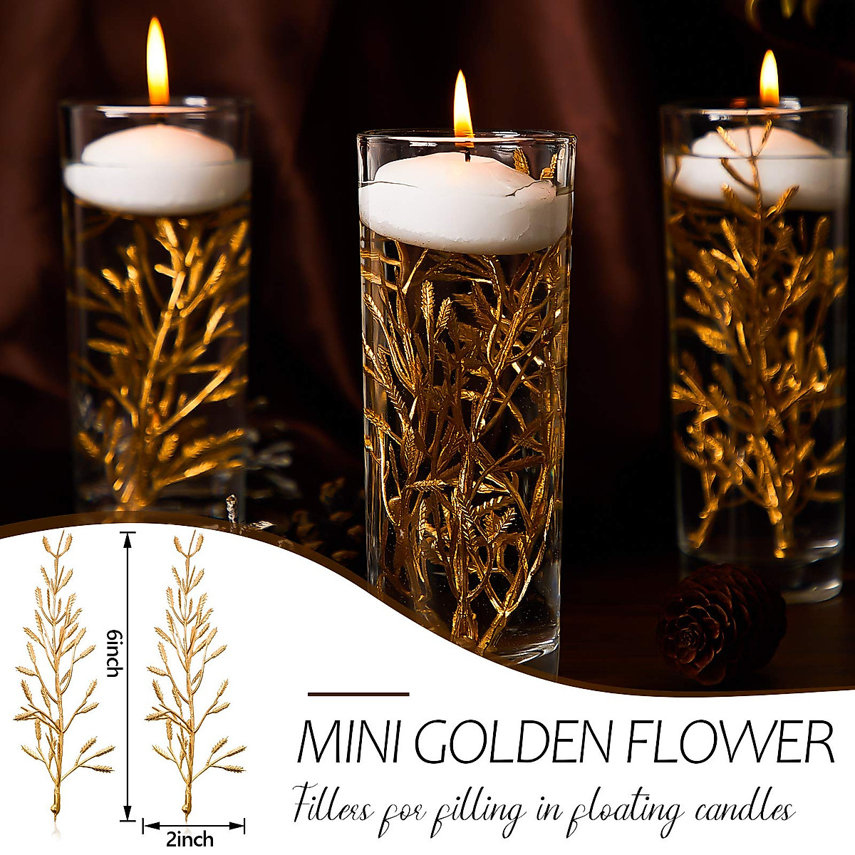 30 Pieces Faux Flowers for Floating Candles Centerpiece 6 Inch Mini Flower Filler Vase Fillers Filling in Floating Candles for Wedding Dinning Table Party Home Bar Restaurant Decoration (Gold)