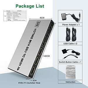 Dual Monitor DisplayPort HDMI KVM Switch 4K@60Hz 2-Port Extended Display 2 in 2 Out KVM Switch 2 Monitors 2 Computers Displayport and HDMI, with 3xUSB, Audio Port, Included 2xUSB Cables, Controller