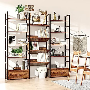 HSSZXFR Triple Wide Bookshelf 5-Tier with 2 Drawers, Industrial Bookshelves Sturdy Wood and Metal, Bookcase Spacious for Display and Storage, Large Display Rack for Home Office