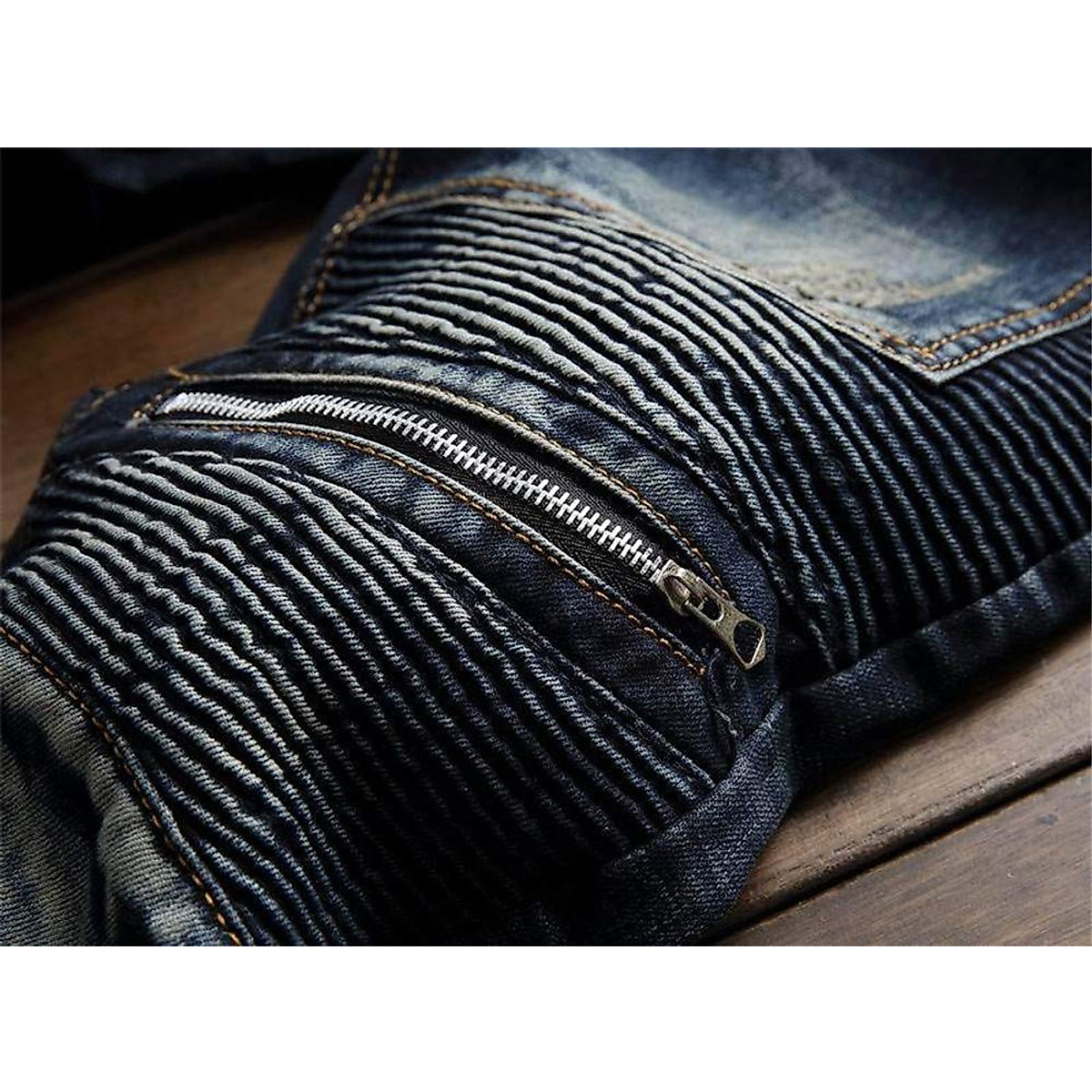 AITITIA Men's Biker Zipper Deco Washed Straight Fit Jeans (30W x 31L, Dark Blue)