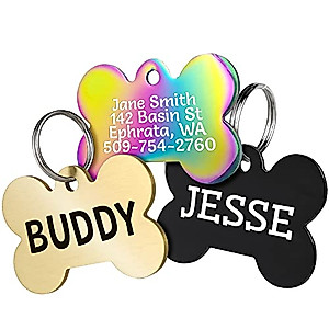 GoTags Personalized Bone Dog Tags in Rainbow Steel, Black Steel or Solid Brass, Custom Engraved Pet Tags for Dogs and Cats. Front and Back Engraving with Fun Fonts. Dog ID and Cat ID Tags (Pack of 1)