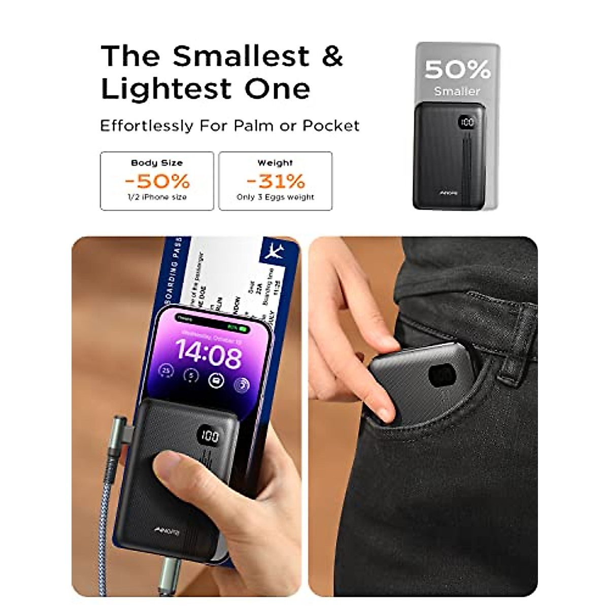 AINOPE Portable Charger The Smallest 10000mAh Power Bank USB C Mini Portable Charger PD 20W Fast Charge Portable Battery Charger Tri-Output Phone Charger Compatible with iPhone 14 Pro Max iPad Samsung