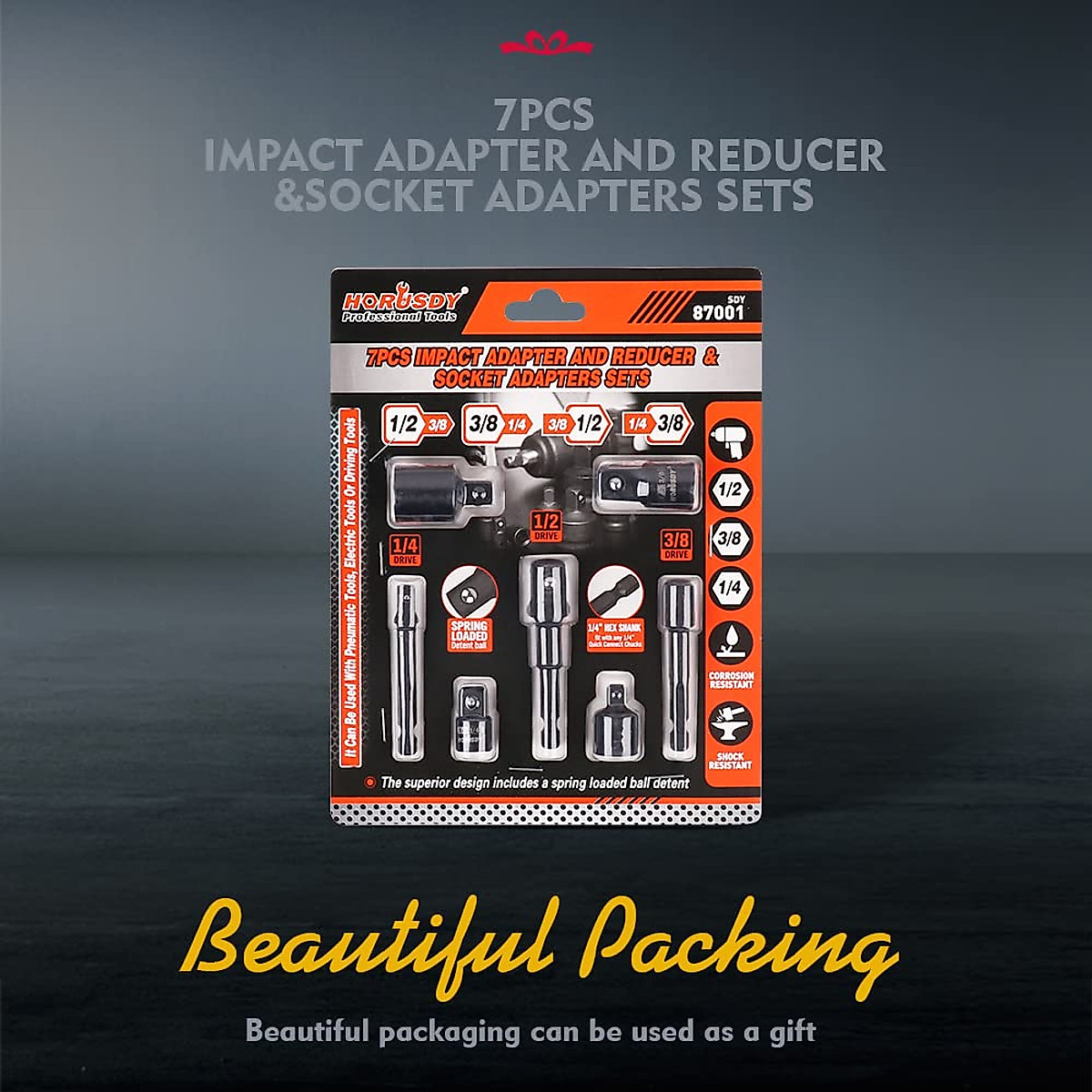 HORUSDY 7-Piece Power Drill Impact Sockets Adapter Set, Hex Shank Socket to Drill Adapter 1/4" 3/8" 1/2" Impact Driver Adapter