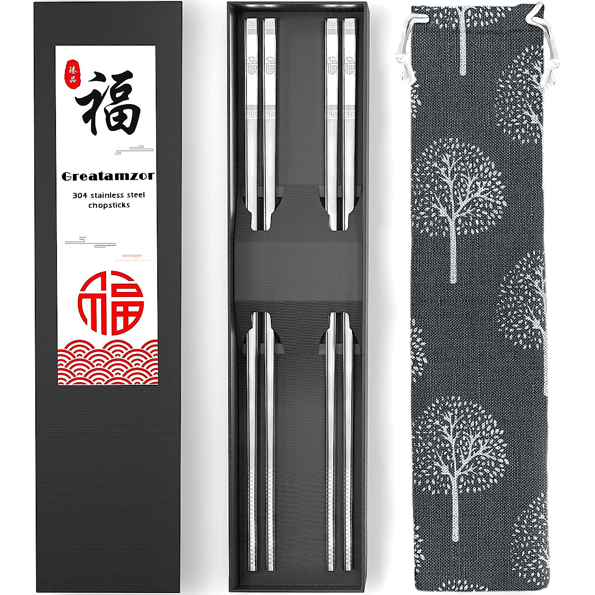 Titanium Plated Stainless Steel Chopsticks 2 Pairs Blue Silver Gift Set+ Stainless Steel Chopsticks Multipack 5 Pairs Gift Set+ Metal Steel Chopsticks Reusable with Travel Carrying Bag 2 Pairs Set