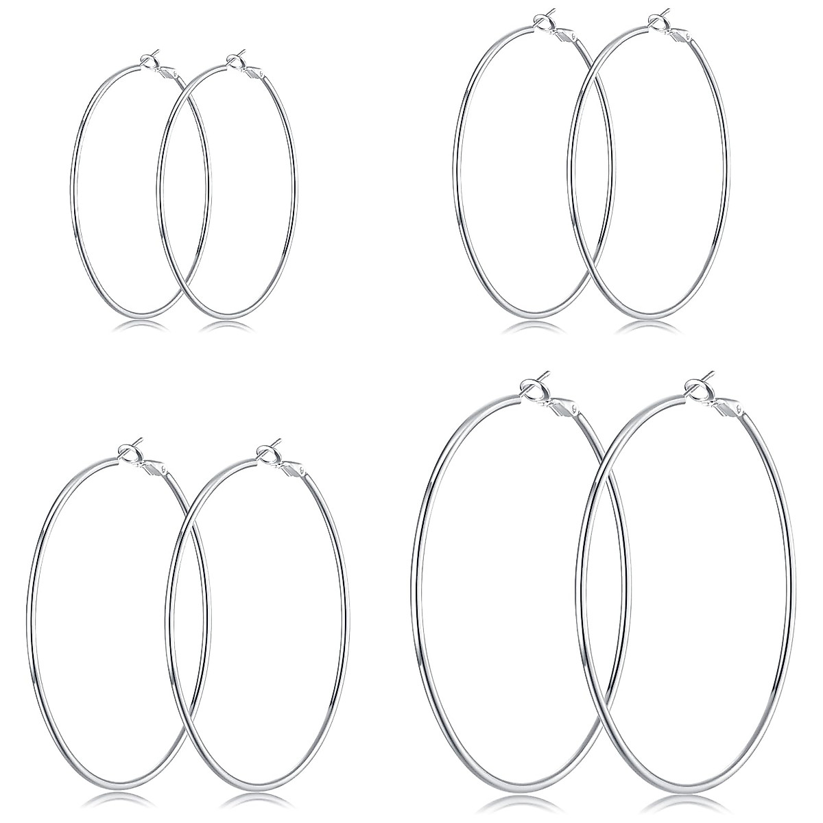 4 Pairs Sterling Silver Hoop Earrings - 14k White Gold Plated Hoop Earrings Big Hoop Earrings Set Silver Hoop Earrings for Women Valentine's Day Gifts (30/40/50/60MM)