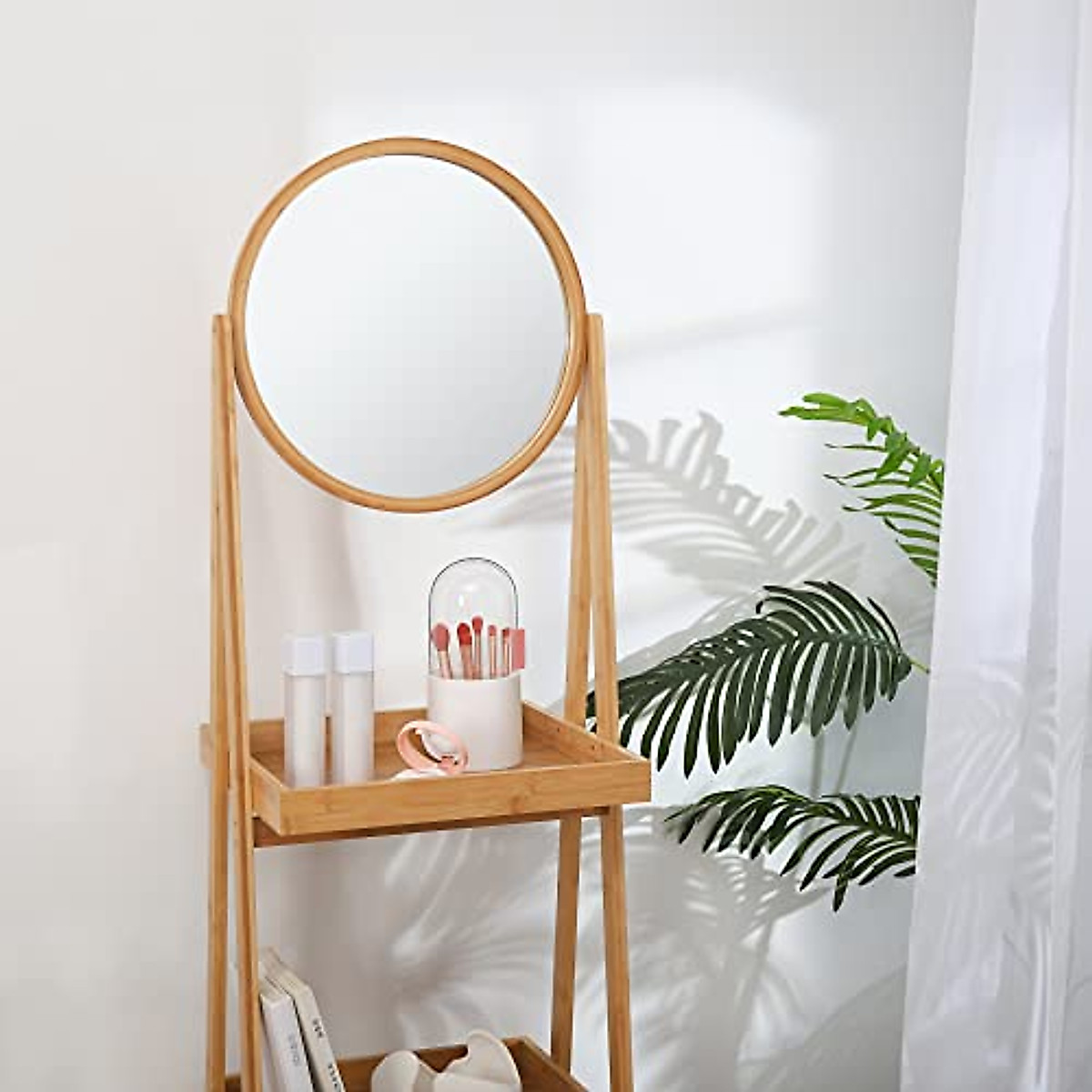 Proman Products Vega 3-Tier Bamboo Shelf Rack with Mirror ST17163, 17" W x 14" D x 64" H, Natural