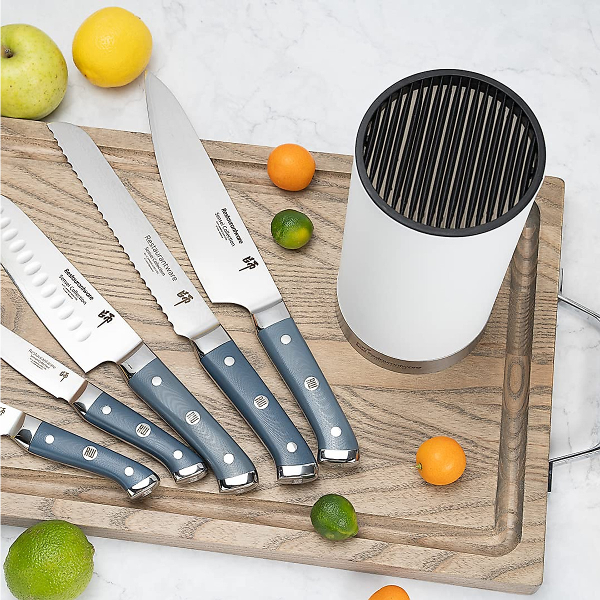 Restaurantware Sensei 4.3 x 8.8 Inch Round Knife Block 1 Round Slotted Knife Holder - Soft Touch Holds 9 Knives White Plastic Universal Knife Holder For Easy Storage