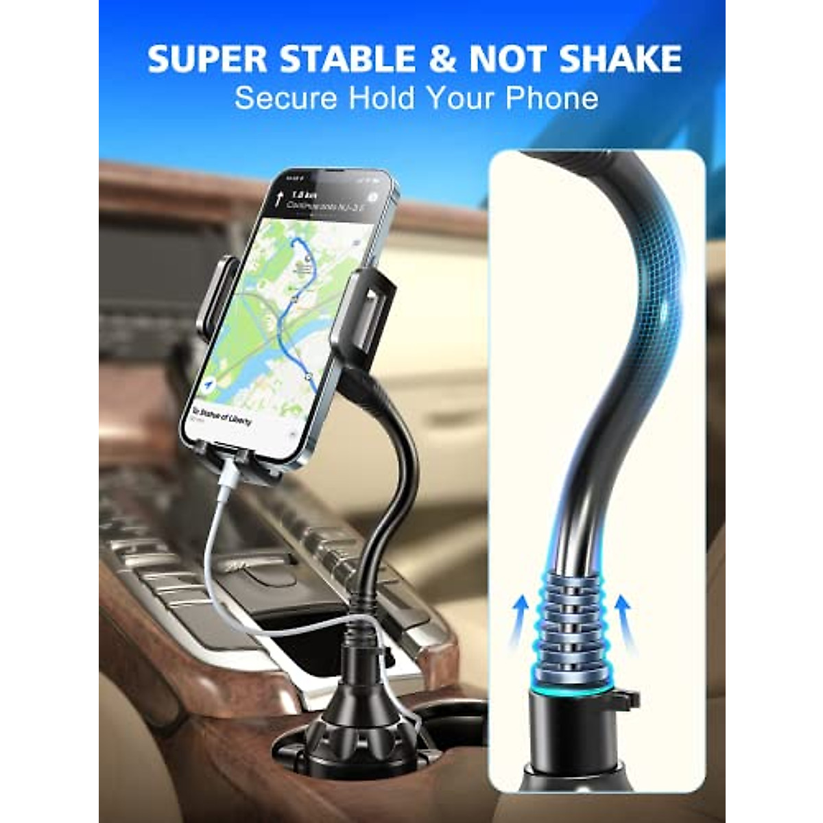 TOPGO Cup Holder Phone Mount, [Upgraded Adjustable Gooseneck & Firmly Stable] Cup Holder Phone Holder for Car, Cell Phone Automobile Cradles for iPhone 14, Samsung and More Smartphone(Black)