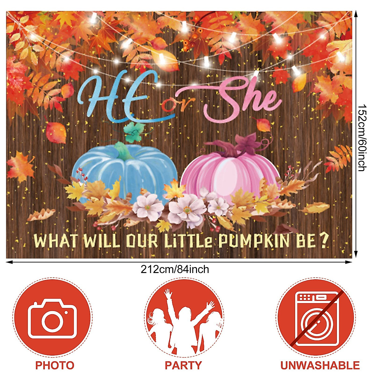 Moukeren 7 x 5 ft Fall Pumpkin Gender Reveal Backdrop He or She What Will Our Little Pumpkin Be Photography Background Party Supplies Thanksgiving Baby Shower Decoration Banner Photo Booth Props