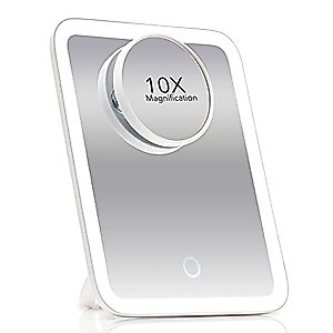 Fancii Portable LED Makeup Mirror with 3 Adjustable Light Settings, 1x Large Mirror & Detachable 10x Magnifying Mirror - Cordless Lighted Mirror for Travel, 360° Rotatable Kickstand - Aura Go (White)