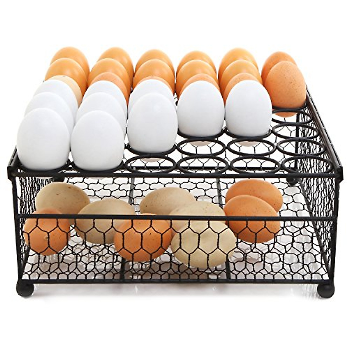 2 Tier Country Rustic Black Chicken Wire 36 Egg Display Tray and Egg Storage Box - Enjoy Fresh Eggs Daily