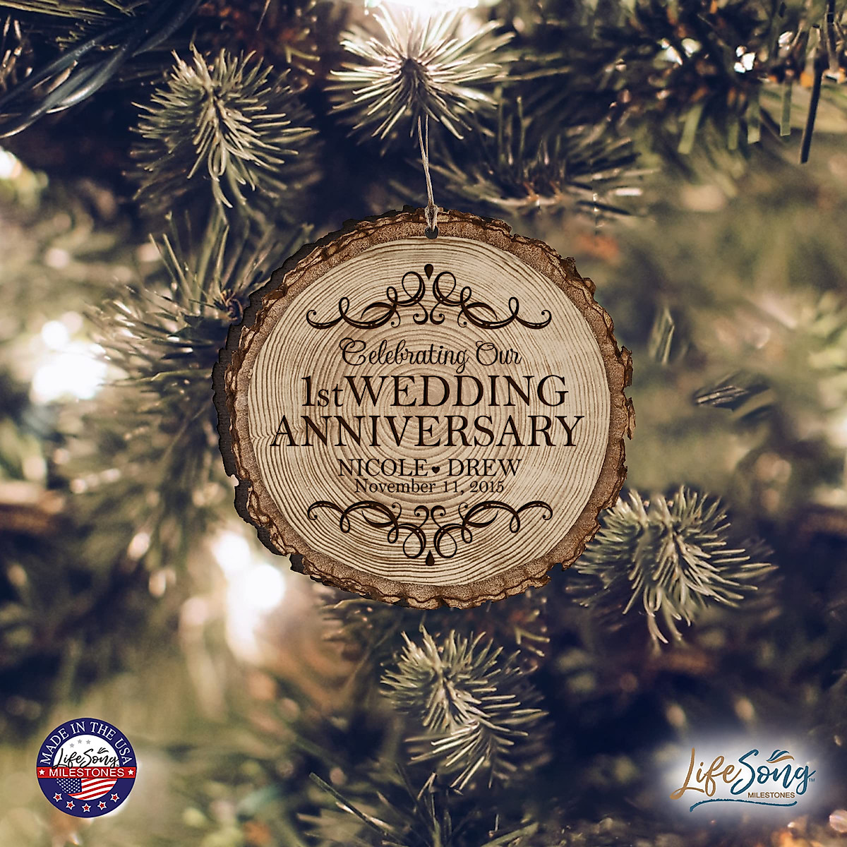 LifeSong Milestones Personalized 1st Anniversary Bark Style Christmas Ornament for 1 Year of Marriage - One Year Wedding Keepsake Gift for Parents Husband Wife him her 3.25” (Bark)