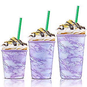 3 Pack Iced Coffee Cup Sleeve for Large Sized Cups, Reusable Neoprene Iced Coffee Cup Holder for Hot Cold Drinks, Compatible with Starbucks, Dunkin Donuts, and More（Purple Marble）