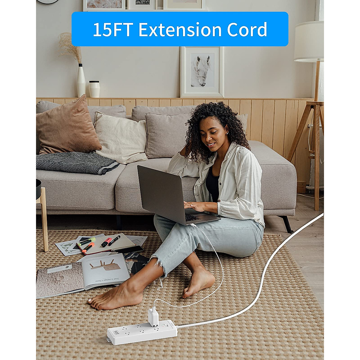 15 FT Extension Cord Surge Protector Power Strip 6 Super Wide Spaced Outlets, NTONPOWER Flat Plug Surge Protector Wall Mount with 3 USB, 1875W, 15A, 1700 Joules, Overload Protection for Home Office