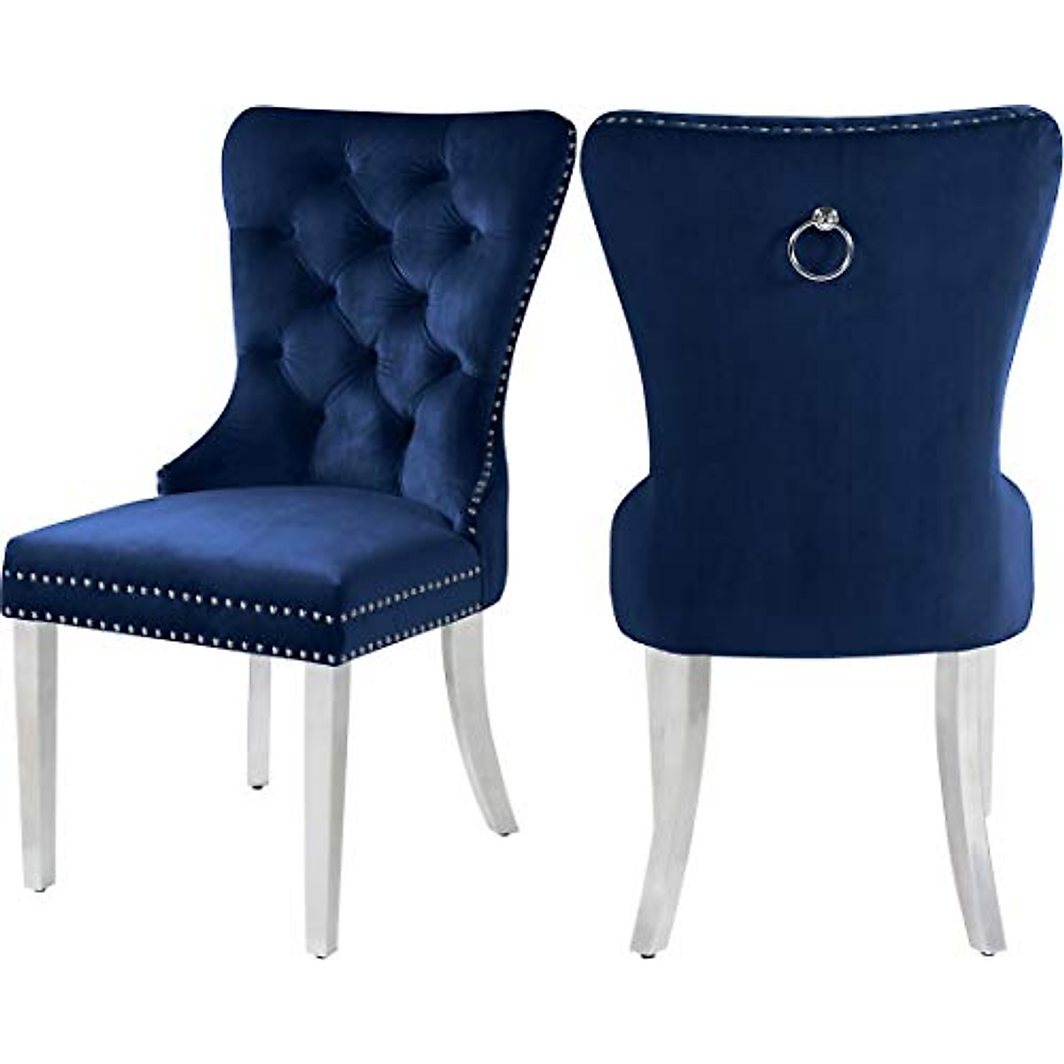 Meridian Furniture Carmen Collection Modern | Contemporary Velvet Upholstered Dining Chair with Button Tufting and Chrome Metal Legs, Set of 2, Navy, 21.5" W x 27" D x 39.5" H