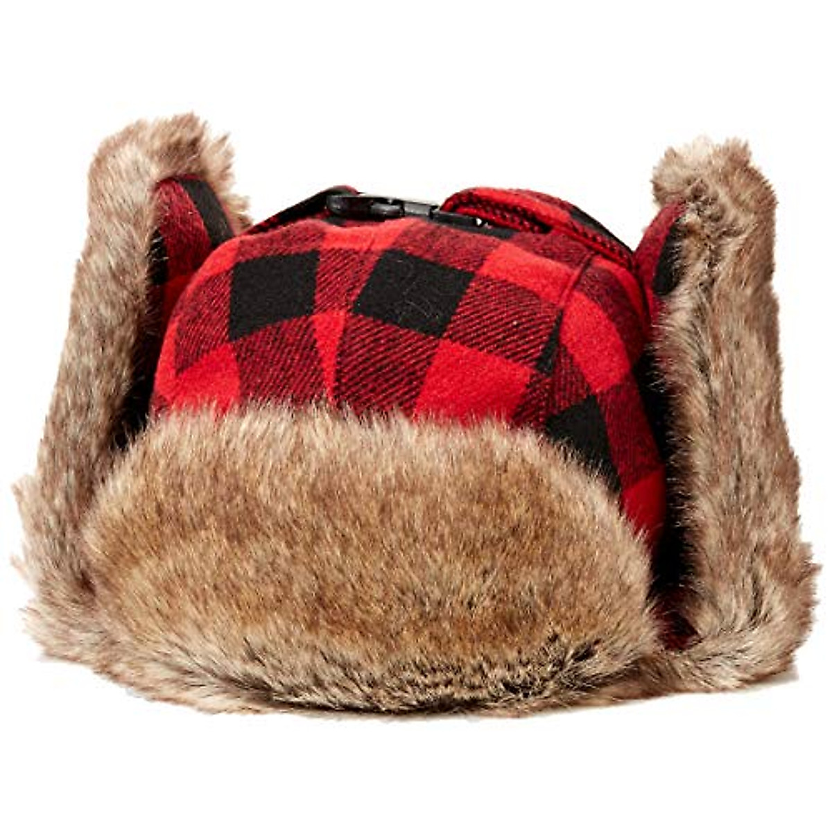 Amazon Essentials Men's Trapper Hat with Faux Fur, Red Buffalo Check, One Size