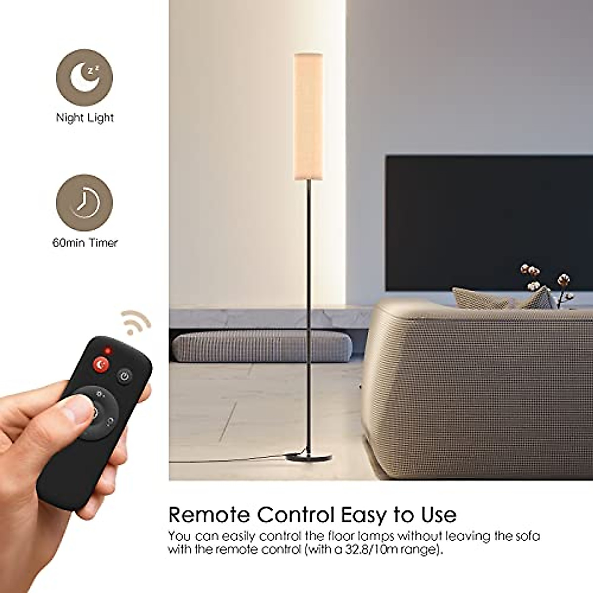 Lithomy Floor Lamp,4 Color Temperature Modern LED Standing Lamp,Stepless Dimmer Remote Control Floor Lamps for Living Room/Bedroom/Office,3000k-7000k Elegant Tall Lamps with Linen Lamp Shade,Timmer