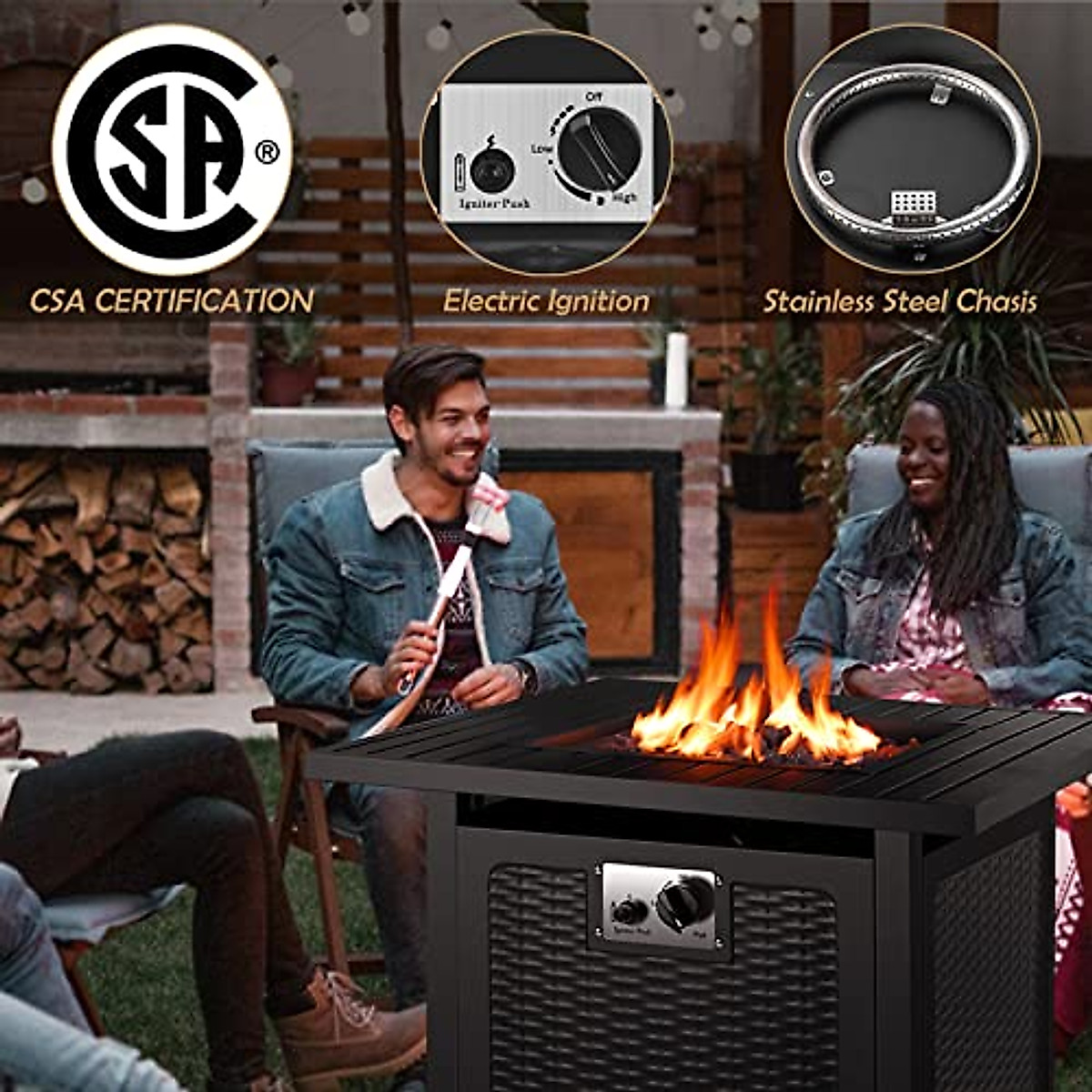 AthLike 30" Gas Fire Pit Table, 50,000 BTU Propane Square Fire Bowl, Outdoor Fireplace W/ Anti-fire Mesh, CSA Certification, Auto-Ignition, Lava Rock, for Garden/Patio/Courtyard/Balcony