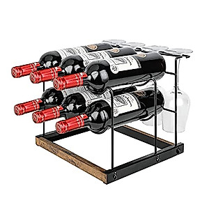 Homode Wine Rack Countertop, Wine Bottle and Glass Holder, Tabletop Wood & Metal Wine Stand Organizer for 6 Bottles and 4 Glasses Storage, for Kitchen Counter, Cabinet, Rustic Brown