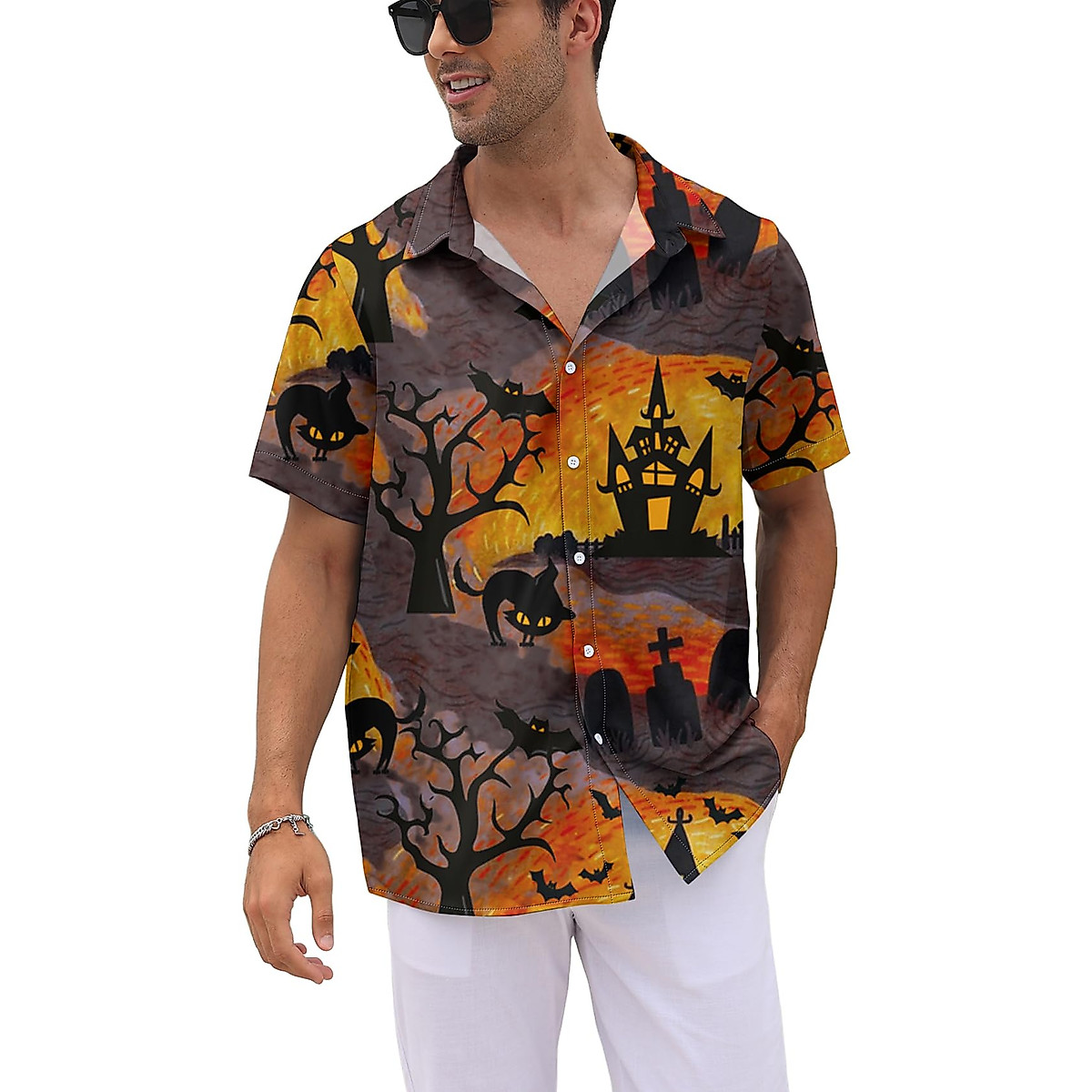 WHO IN SHOP Men's Halloween Shirts Cute Scary Horror Short Sleeve Button Up Shirt