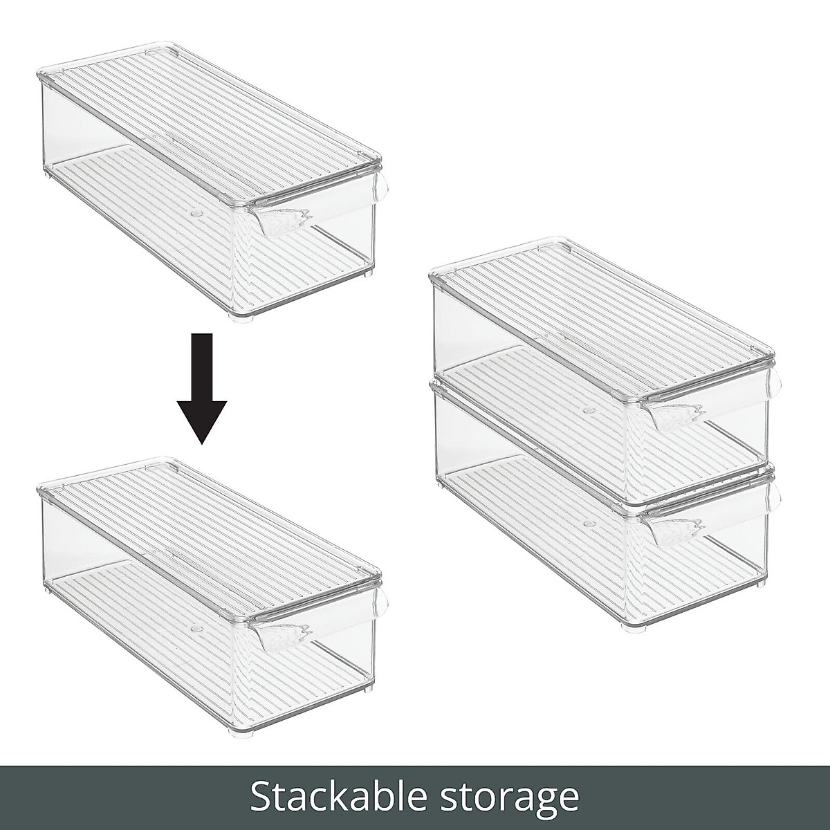 mDesign Slim Plastic Food Storage Container Bin with Lid and Front Handle for Kitchen, Pantry, Cabinet, Fridge and Freezer - Organizer for Snacks, Produce, Vegetables, Pasta, Drinks - 4 Pack, Clear