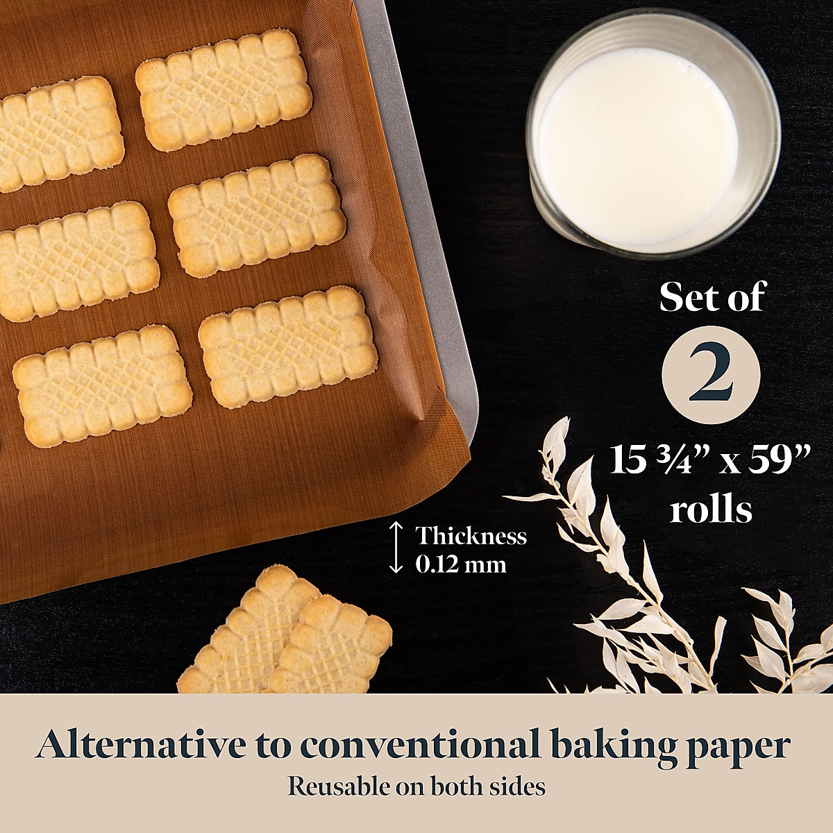 GOURMEO Heat Resistant Baking Paper Roll - Set of 2-15.7 x 90 in Reusable & Nonstick Teflon Mat Sheets - Dishwasher Friendly & Greaseproof Sheet Liners