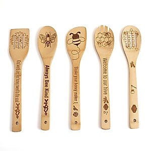 Bee Wooden Spoons for Cooking Utensils Set,Wooden Spatula Honey Bee Decor,Premium Bee Kitchen Decor and Accessories,Honey Bee Gifts for Women,Mothers Day Gifts,Housewarming Gifts(Set of 5)