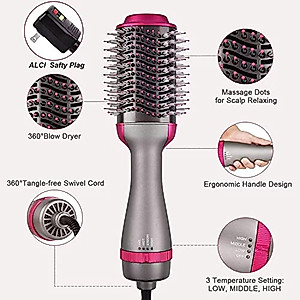 Hair Dryer Brush, Hot Air Brush, Negative Ion Hair Dryer Volumizer Brush for Women, Ceramic Anti-sacald Blow Dryer Brush for Fast Drying Styling Curling Hair with 3 Temp Levels (Grey)