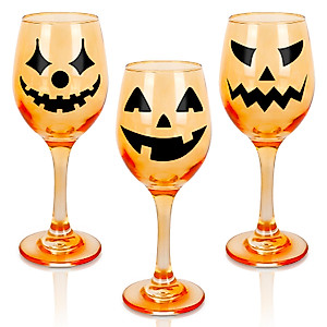 Whaline 3 Pack Halloween Wine Glasses 10oz Orange Pumpkin Red Wine Glasses Jack-O-Lantern Long Stem Drinking Glasses Halloween Party Cups for Restaurants Bars Home Halloween Party Supplies