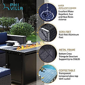 PHI VILLA 7 PCS Outdoor Patio Furniture Set with 45-Inch 50,000BTU Fire Pit Table All-Weather Rattan Patio Sectional Sofa Conversation Set, CSA Approved Propane Fire Pit(Navy Blue)