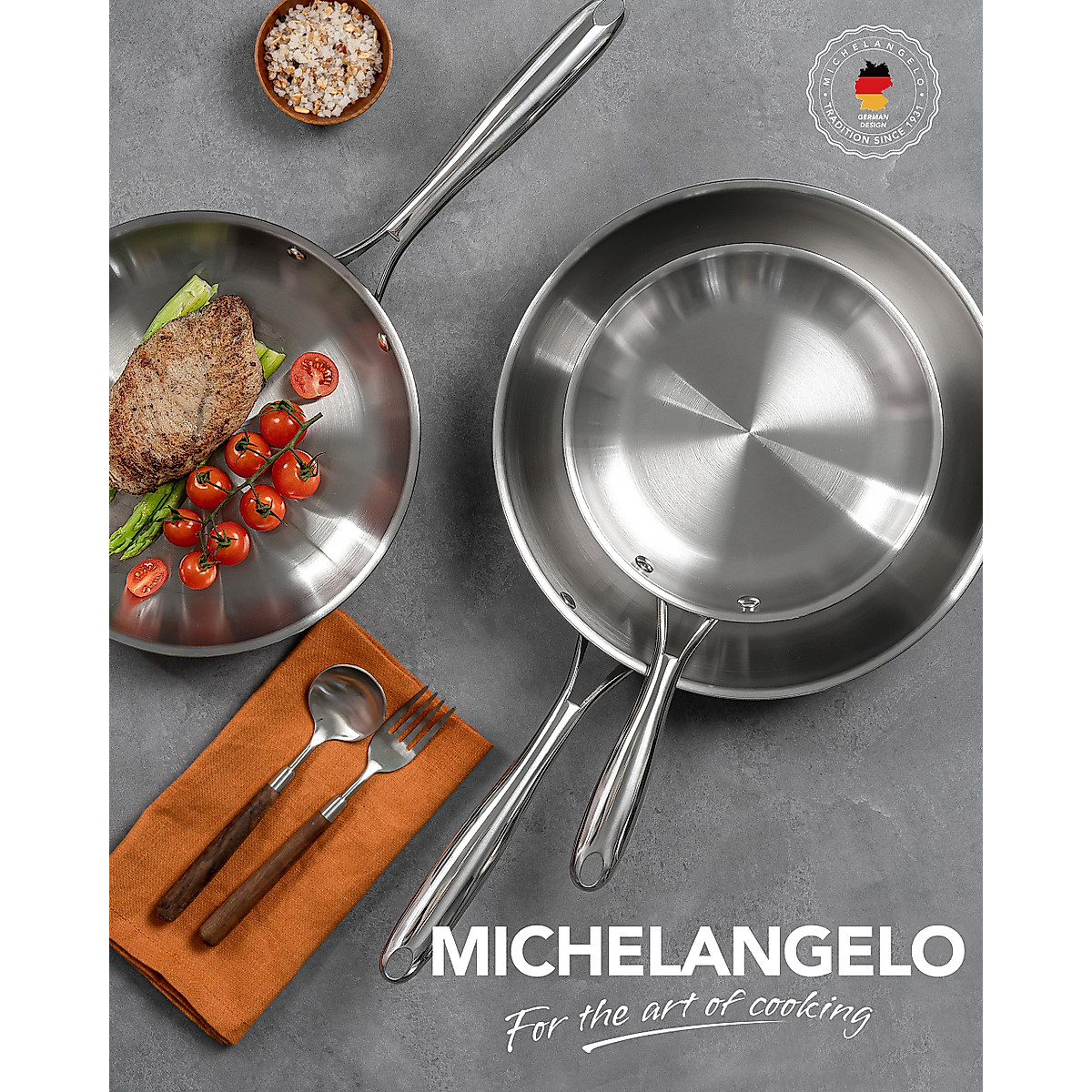 MICHELANGELO Stainless Steel Frying Pan Set, 8" / 9.5" / 11" Cooking Pans, Triply Base Stainless Steel Pan Set with Ergonomic Handle, Induction Compatible