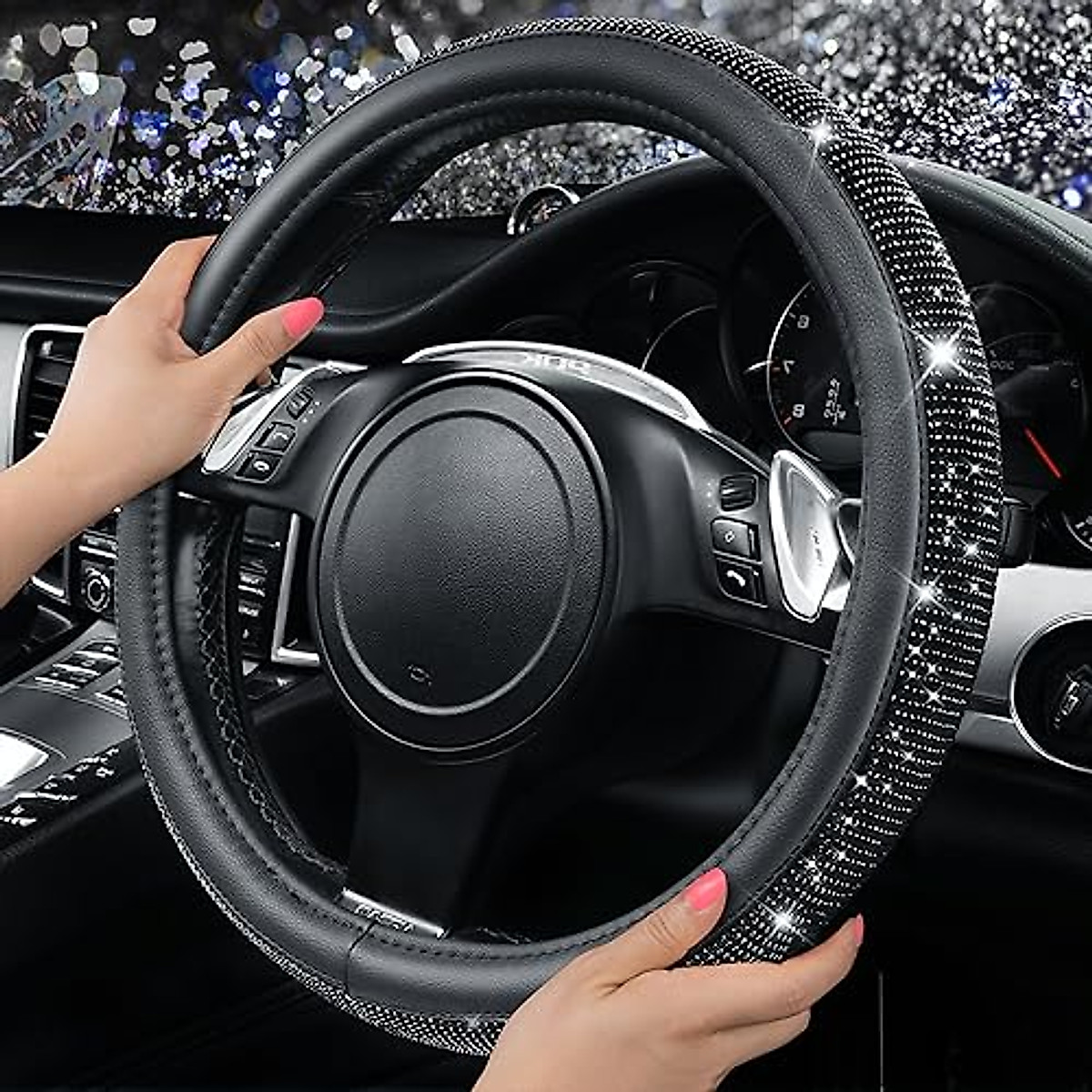CAR PASS Bling Diamond Leather Steering Wheel Cover, With Bling Sparkly Crystal Glitter Rhinestones Universal Fit 14"1/2-15" Car Wheel Protector for Women Girl Fit Suvs,Vans,Sedans,Cars,Trucks, Black