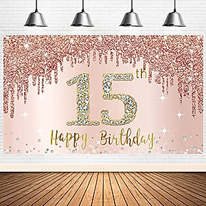 Happy 15th Birthday Banner Backdrop Decorations for Girls, Rose Gold 15 Birthday Party Sign Supplies, Pink 15 Year Old Birthday Poster Background Photo Booth Props Decor